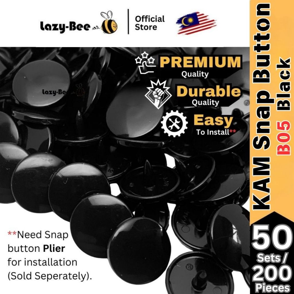 LAZY BEE B05 BLACK 50 Sets 200 pieces T3 T5 T8 KAM Snap Button Plastic ...