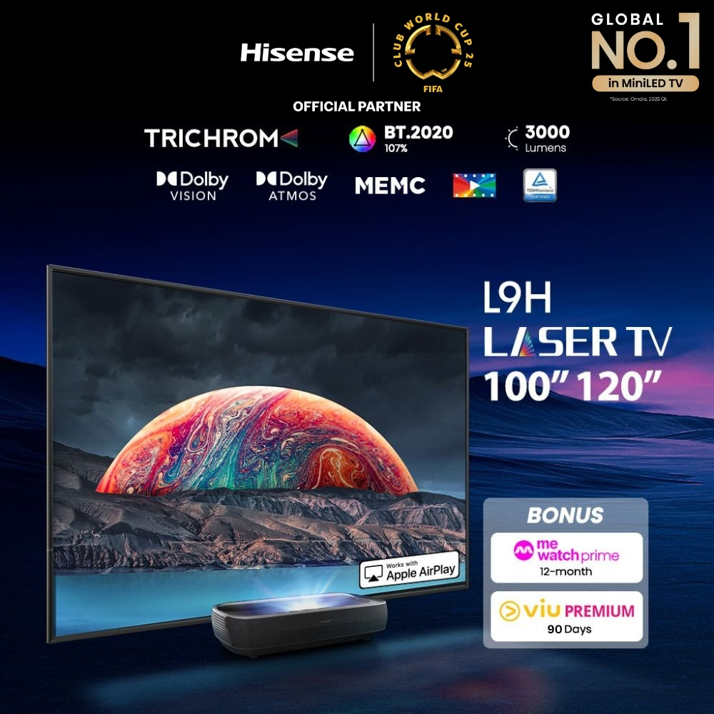 Hisense L9H 120 inch 4K Ultra Short Throw Laser Cinema TV + ALR screen | 3000 Lumens|BT2020 107% ...