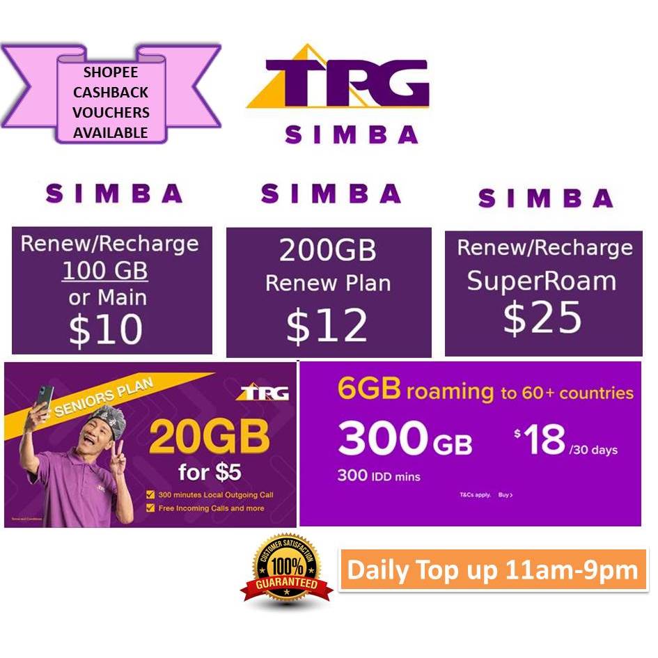 TPG / SIMBA Data Plan or Main Account Top Up / Recharge / Renew | Shopee Singapore
