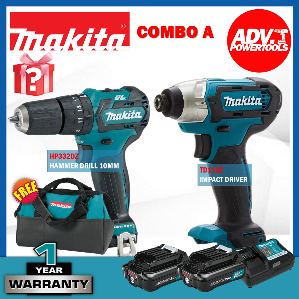 Makita 12Vmax Cordless Brushless Combo Set ( HP332D Brushless Hammer Driver Drill / TD110D ...