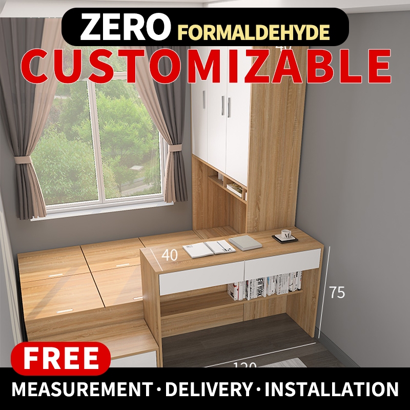 Children Study Room Storage Tatami Platform Bed with Table & Cabinet ...