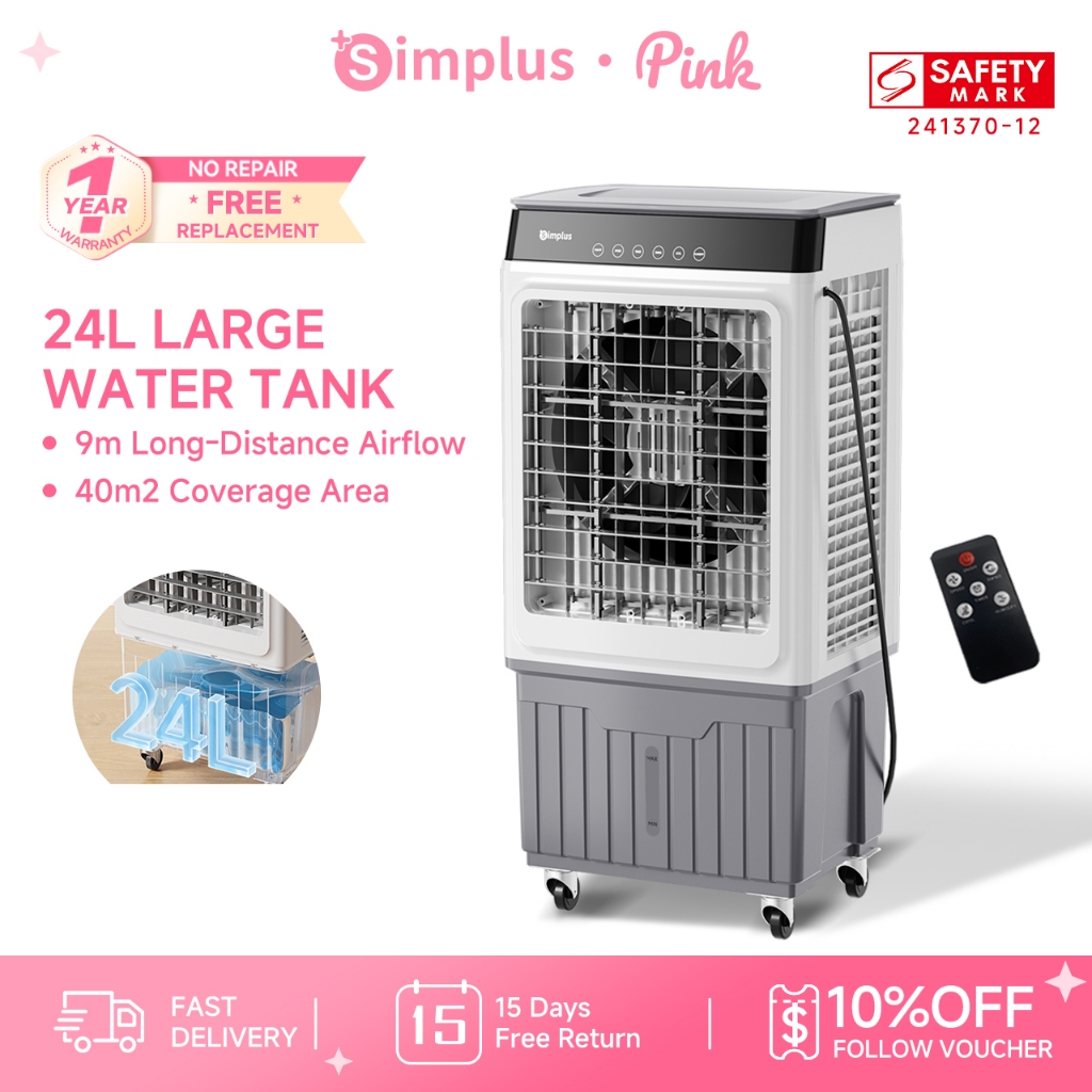 Simplus Pink Air Cooler | Household Cooling Fan | 24L Large Water Tank | 12h Timer | 3 Speeds ...