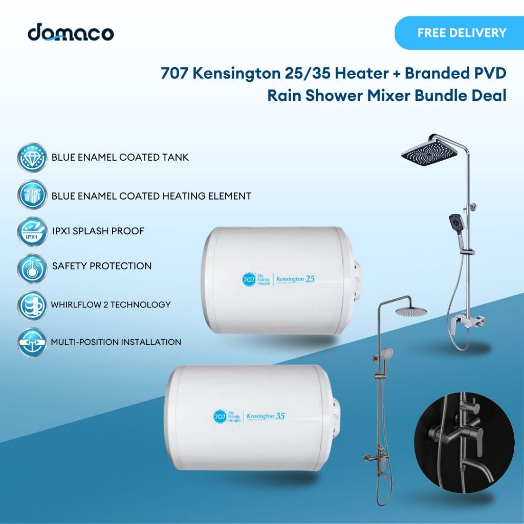 707 Kensington 25/35 Storage Heater + Branded PVD Rain Shower Mixer ...