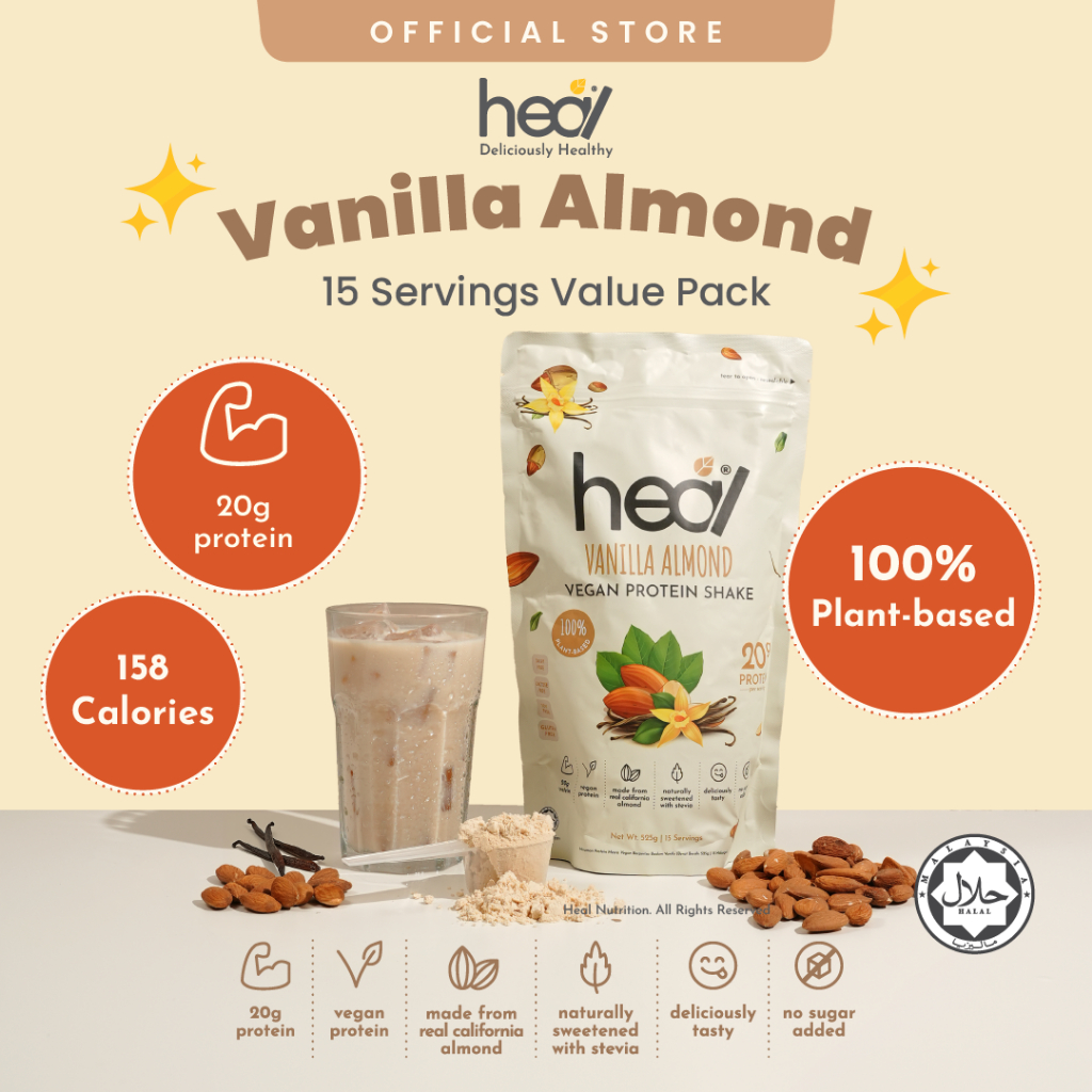 Heal Vanilla Almond Protein Shake Powder Vegan Protein (525g - 15 ...