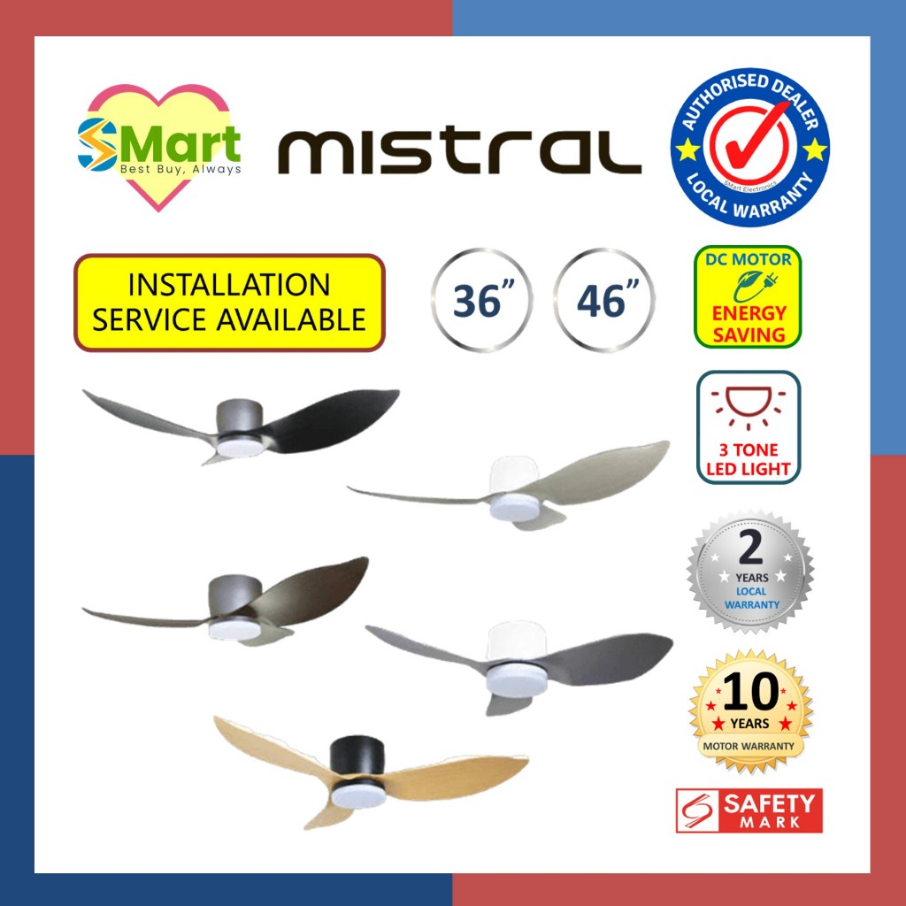 Mistral Solar DC Motor Ceiling Fan with 3 Tone Dimmer LED Light Kit and Remote Control ...