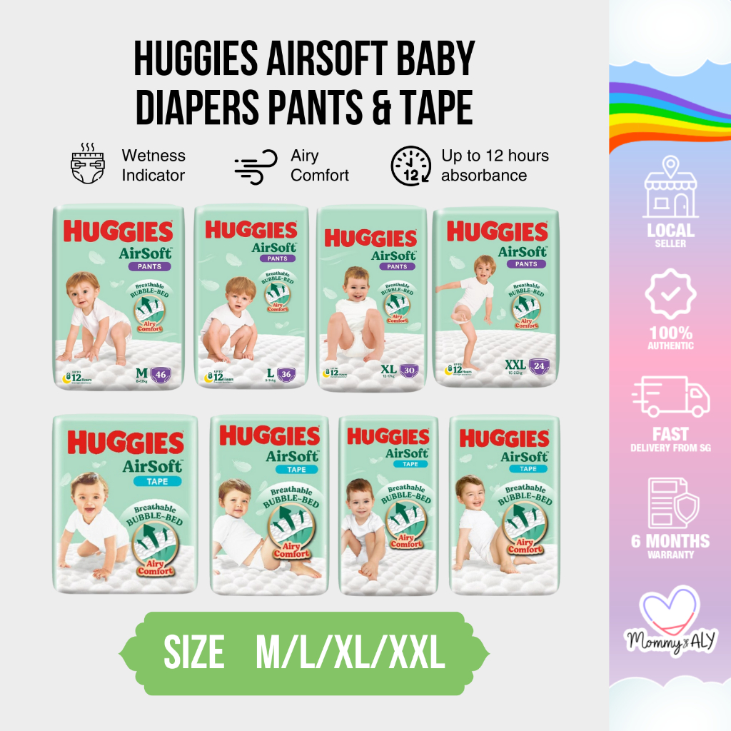 HUGGIES AirSoft Diapers - M/L/XL/XXL, Breathable, Leakproof, 12-Hour ...
