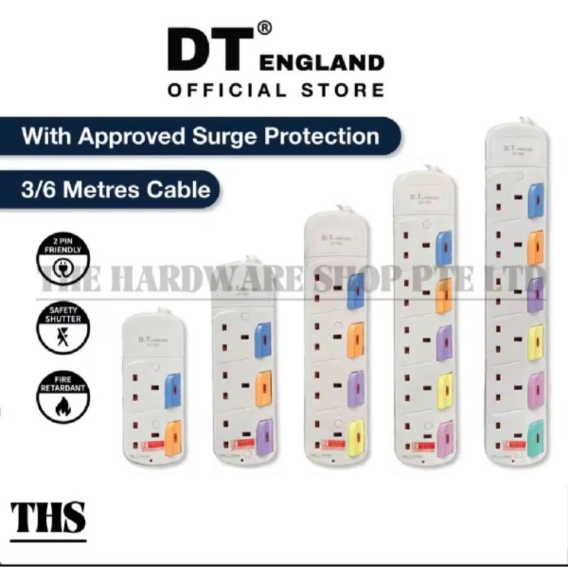 DT England 3/6 Metres Extension Socket Cord , Approved Surge Protection ...