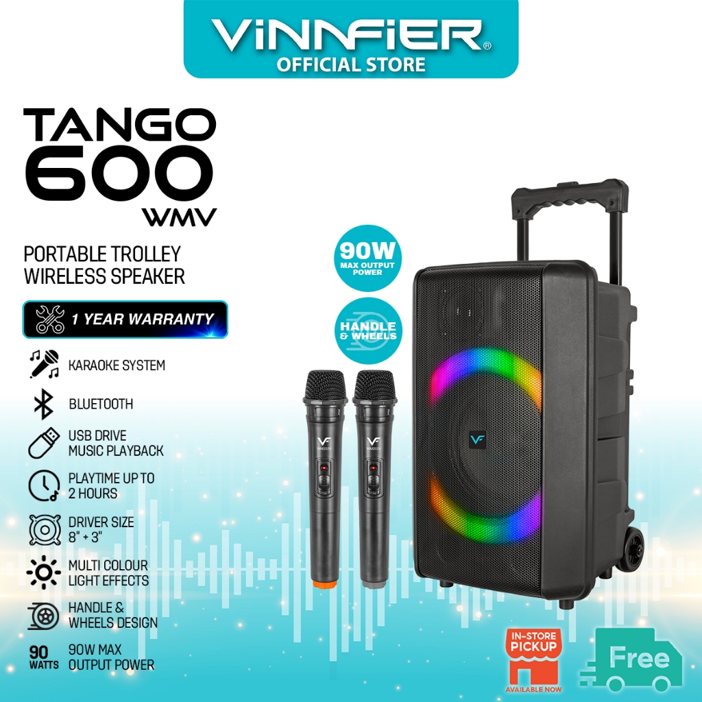 VINNFIER TANGO 600 WMV Portable Trolley Bluetooth Speaker RGB Lights, with 2 Wireless Microphone ...