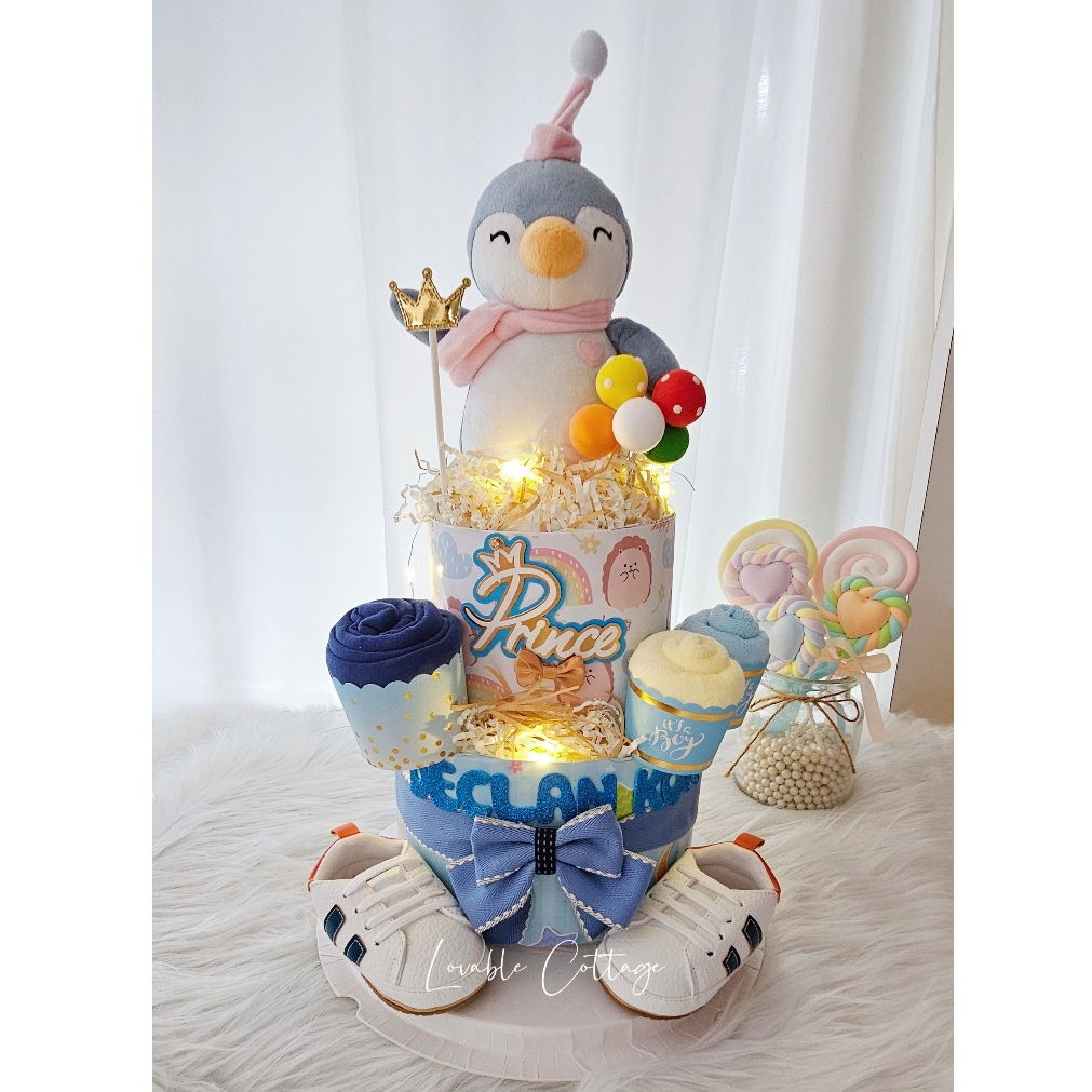 SD 2 Tier) Penguin Diaper cake baby full month hamper newborn gift Baby ...