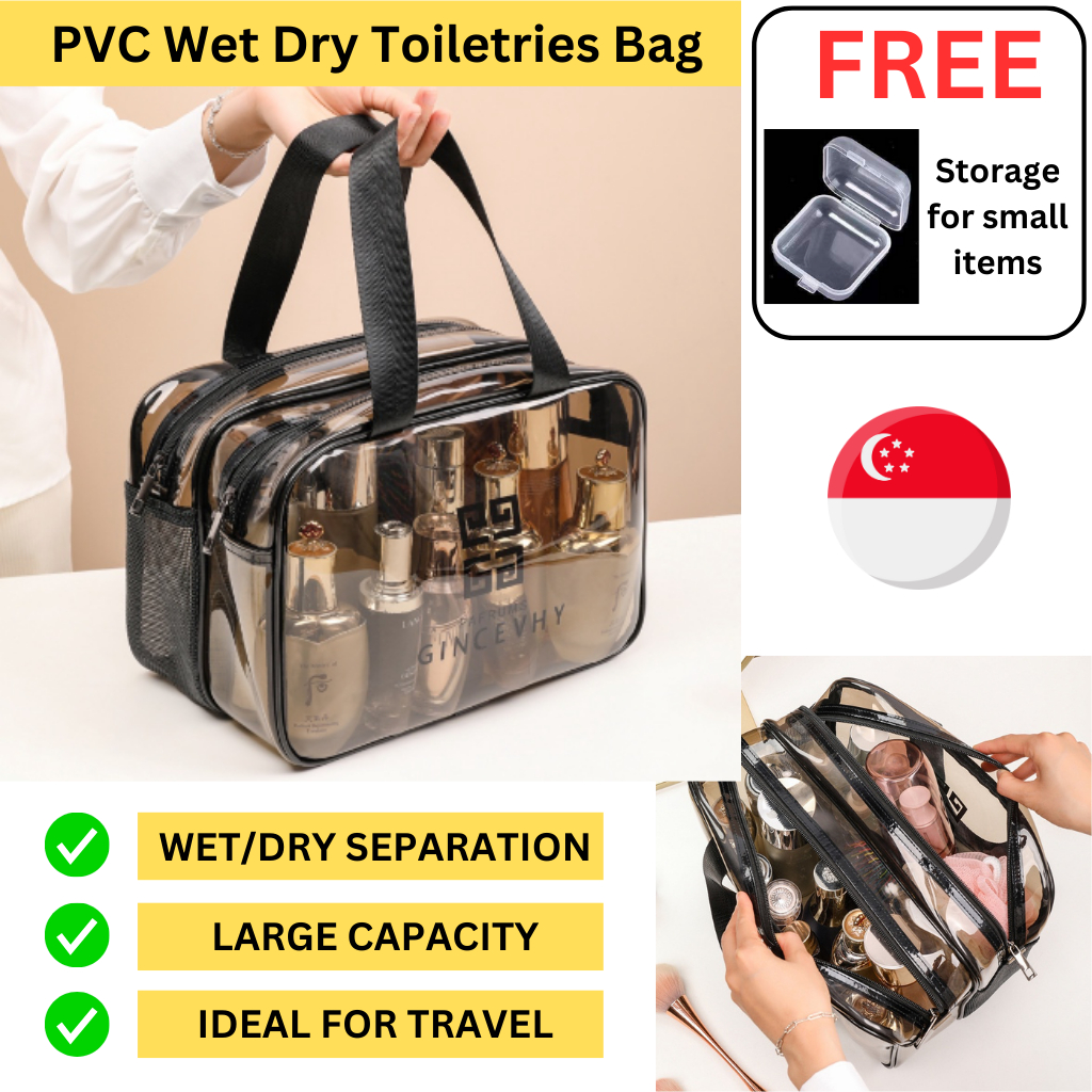[SG] PVC Double Layer Dry Wet Separation Travel Toiletries Bag Makeup ...