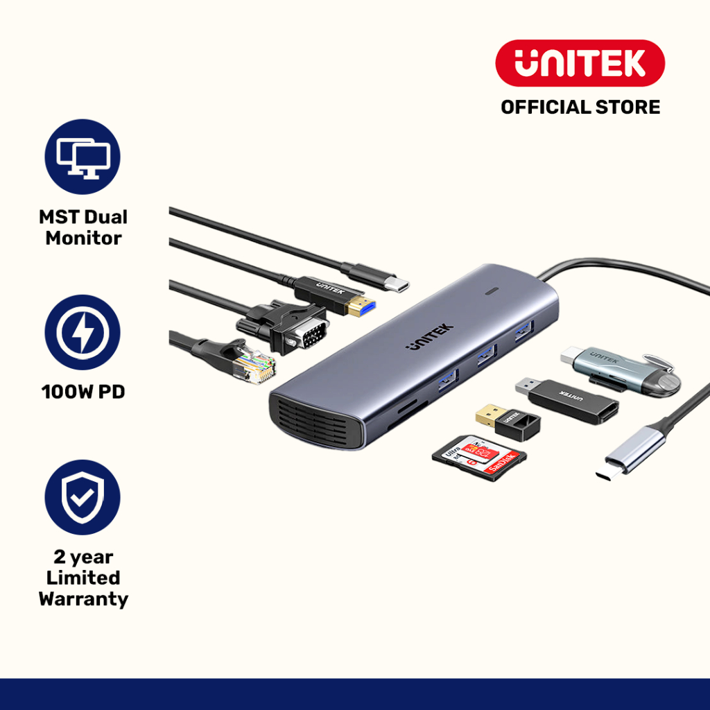Unitek 9-in-1 USB-C Hub with Dual Display, Dual Card Reader and 100W PD ...
