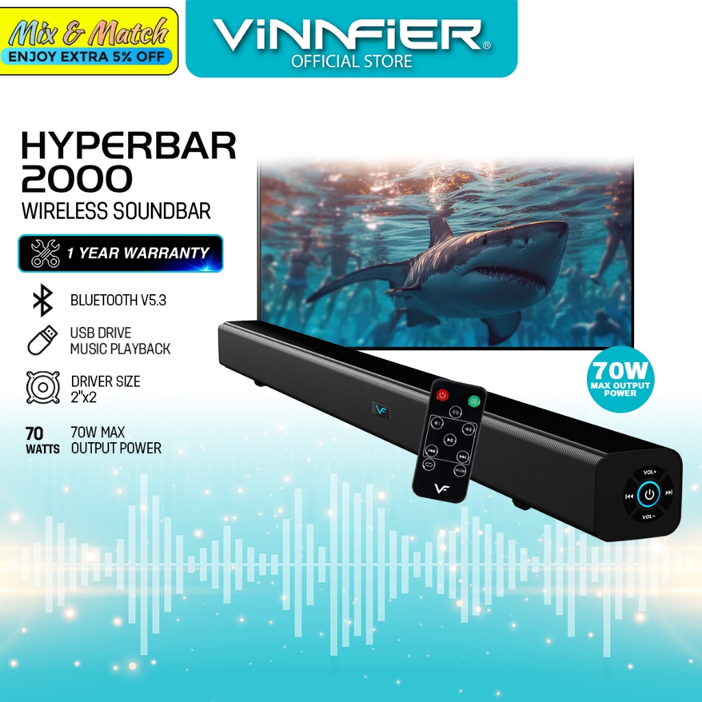 Vinnfier Hyperbar 2000 Wireless Bluetooth TV Soundbar 60W MAX AUX USB ...