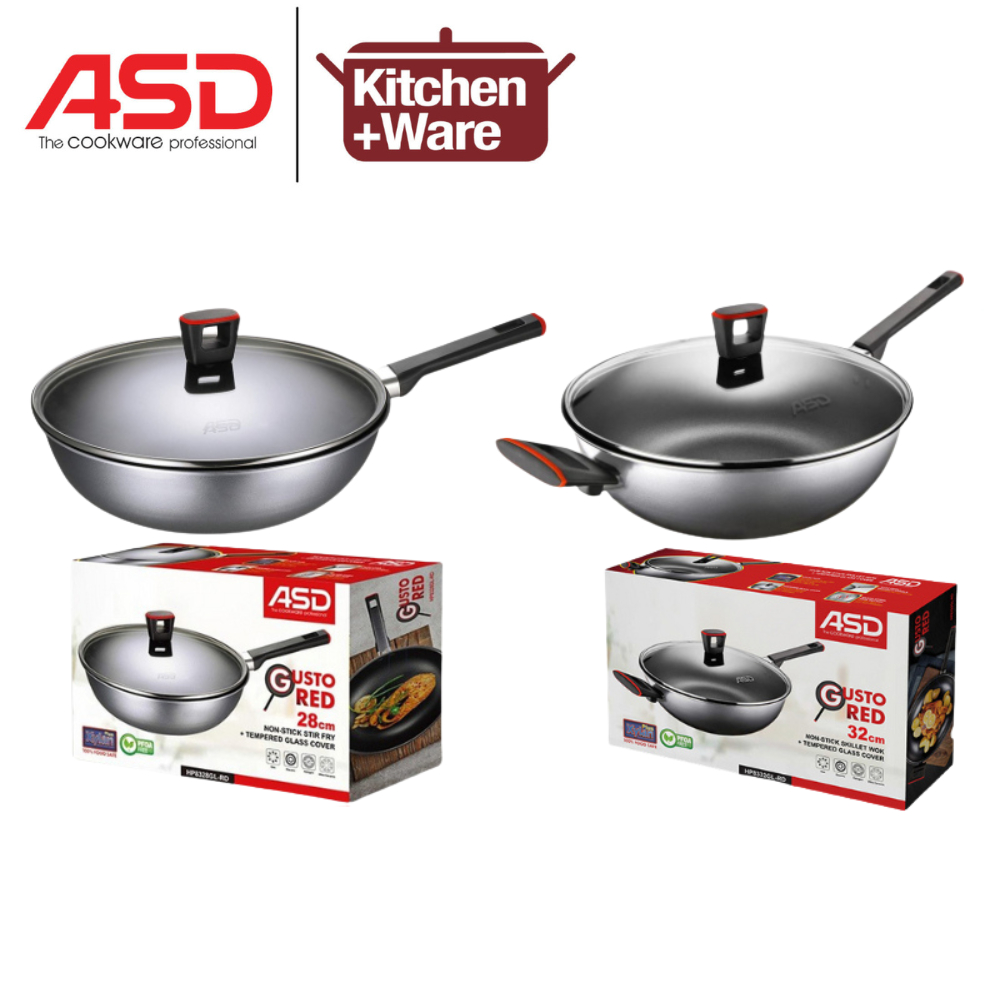 ASD Non-Stick Skillet Wok Gusto Red Tempered Glass Lid / Stir Frying ...
