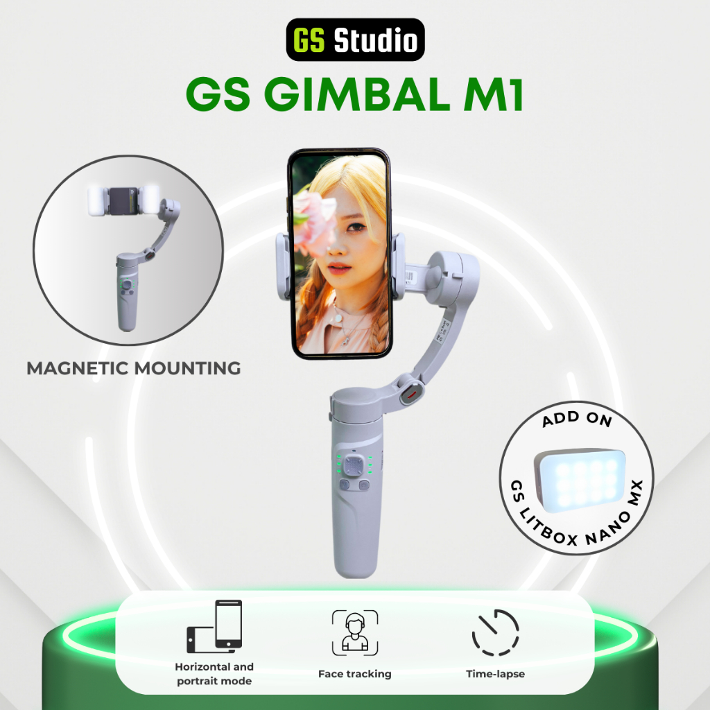GS M1 3 Axis Gimbal Smartphone Stabilizer with Face Tracking App Add-on Magnetic Light GS Litbox ...