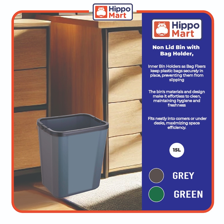 Non Lid Dustbin | Bag Holder | 15L | Green, Grey, | Trash Bin | Kitchen ...