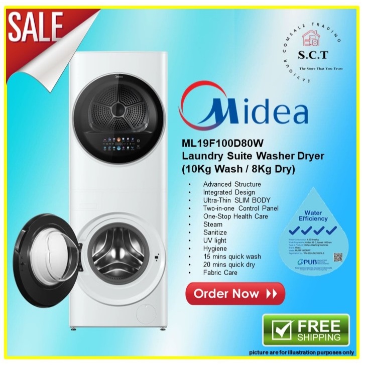 Midea ML19F100D80W Laundry Suite Washer Dryer (10Kg Wash / 8Kg Dry ...