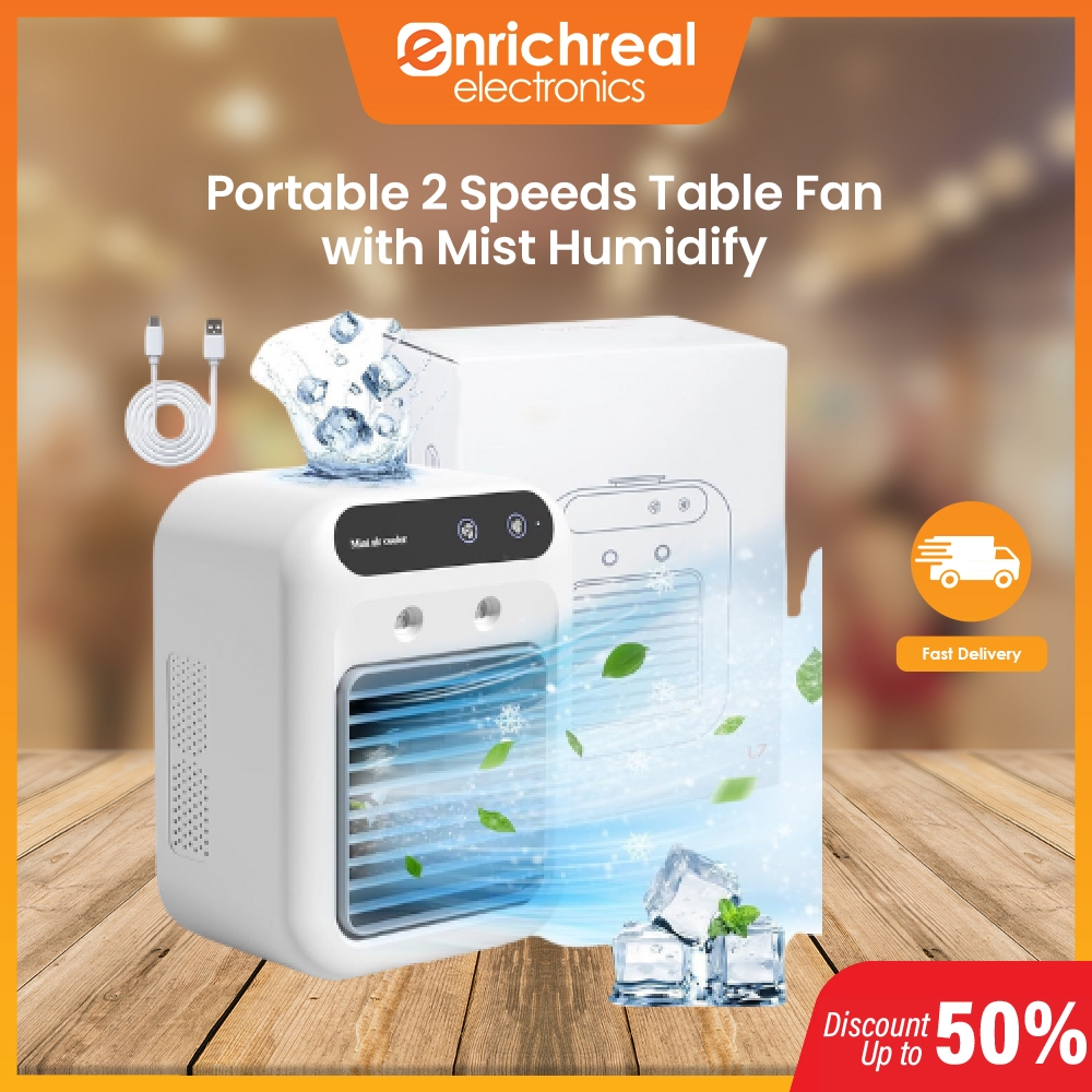 Enrichreal - Portable 2 Speeds Table Fan with Mist Humidify, Desk Cool ...