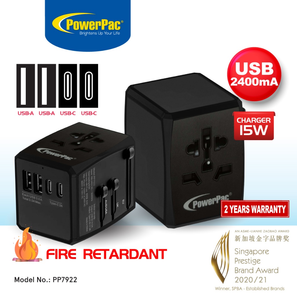 PowerPac Multi Travel Adapter With 2x USB-A + 2x USB-C Charger | PD 15W ...