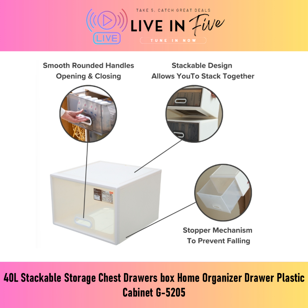 40L Stackable Storage Chest Drawers box Home Organizer Drawer Plastic ...