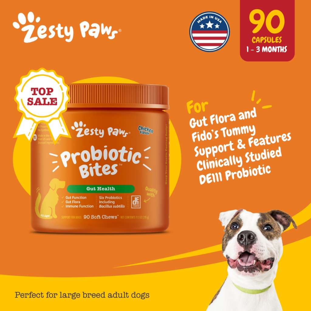 Zesty Paws Probiotics Bites (Gut Health) Dog Supplements, 90 Soft Chews ...