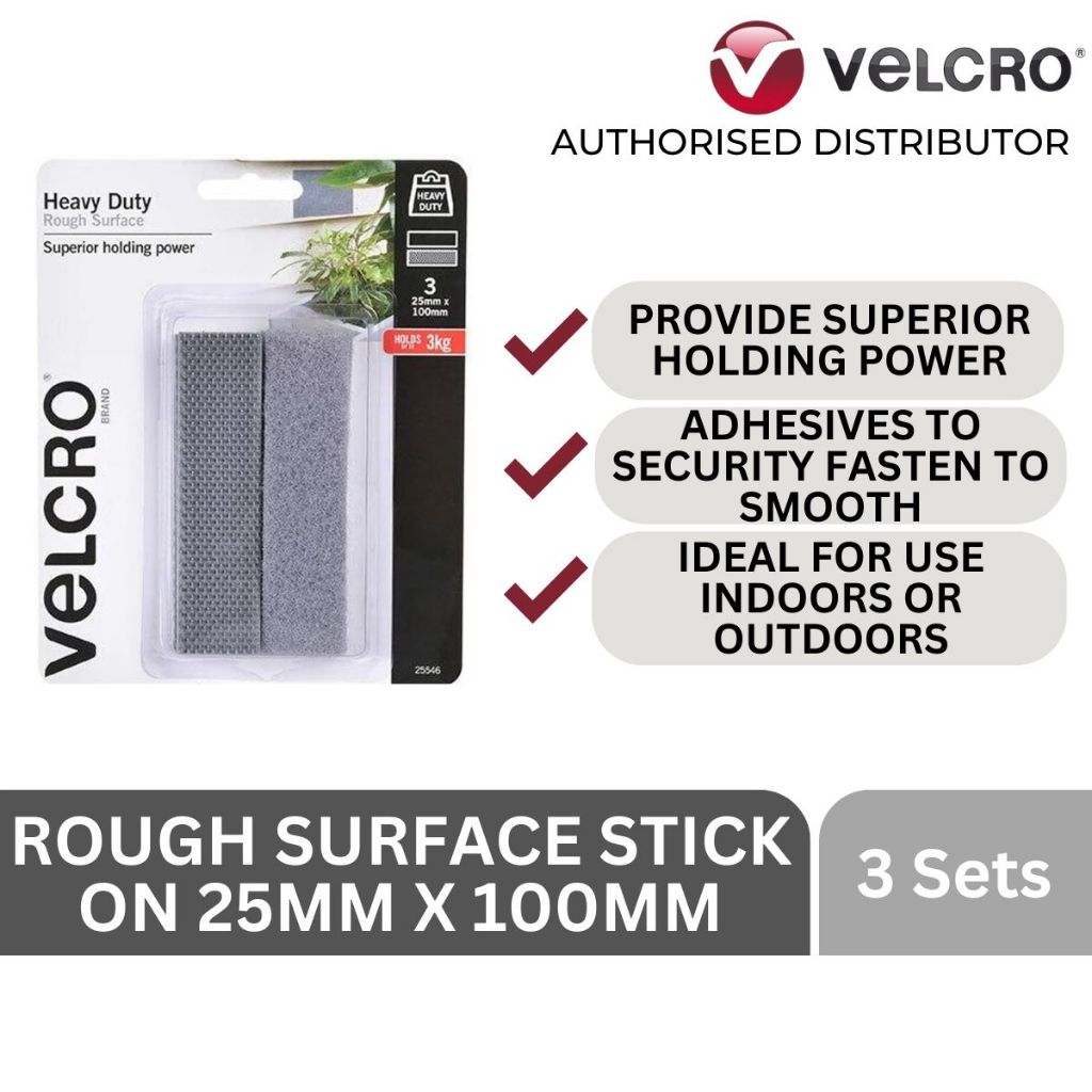 VELCRO Heavy Duty Rough Surface Stick On Fastener 25mm x 100mm, Grey ...