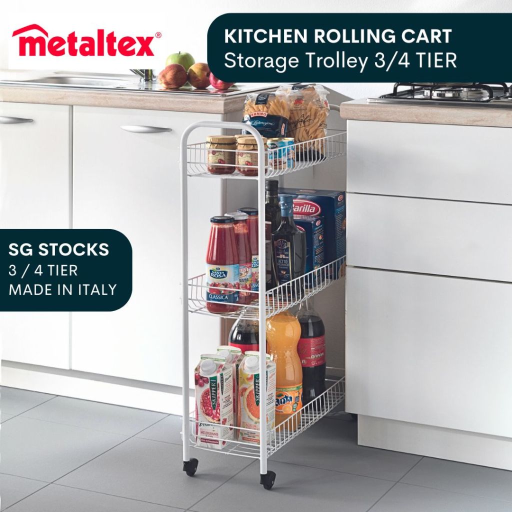 SG Metaltex White Siena Pisa Slim Kitchen Rolling Cart Storage Wire ...