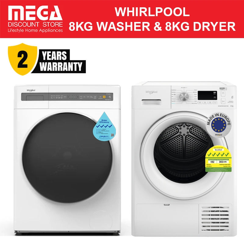 WHIRLPOOL BUNDLE: FWEB8002GW 8KG WASHER & HFCX80410 8KG HEAT-PUMP DRYER / Free Stacking Kit ...