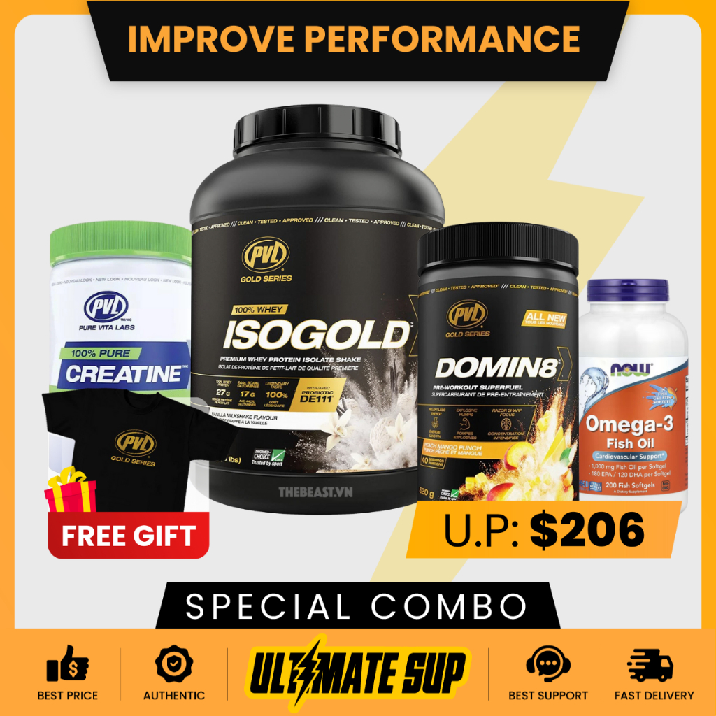 Combo IMPROVE PERFORMANCE, PVL Iso Gold 5lb + PVL 100% Pure Creatine + Omega 3 200s + PVL Domin8 ...