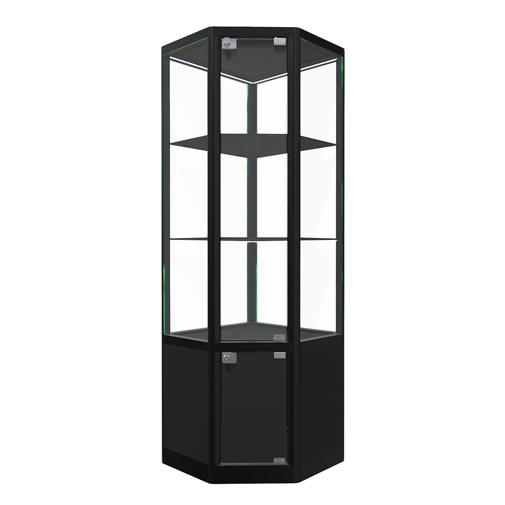 Double Joy Corner Glass Display Cabinet w/ LED Piano Black Customizable ...