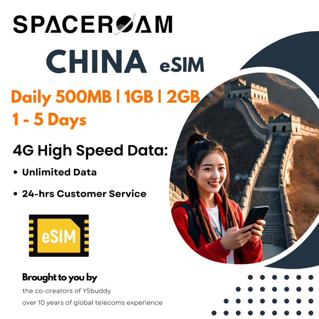 Spaceroam China eSIM | 1 - 5 Days Daily Data | 500MB, 1GB & 2GB | High Speed Unlimited Data ...