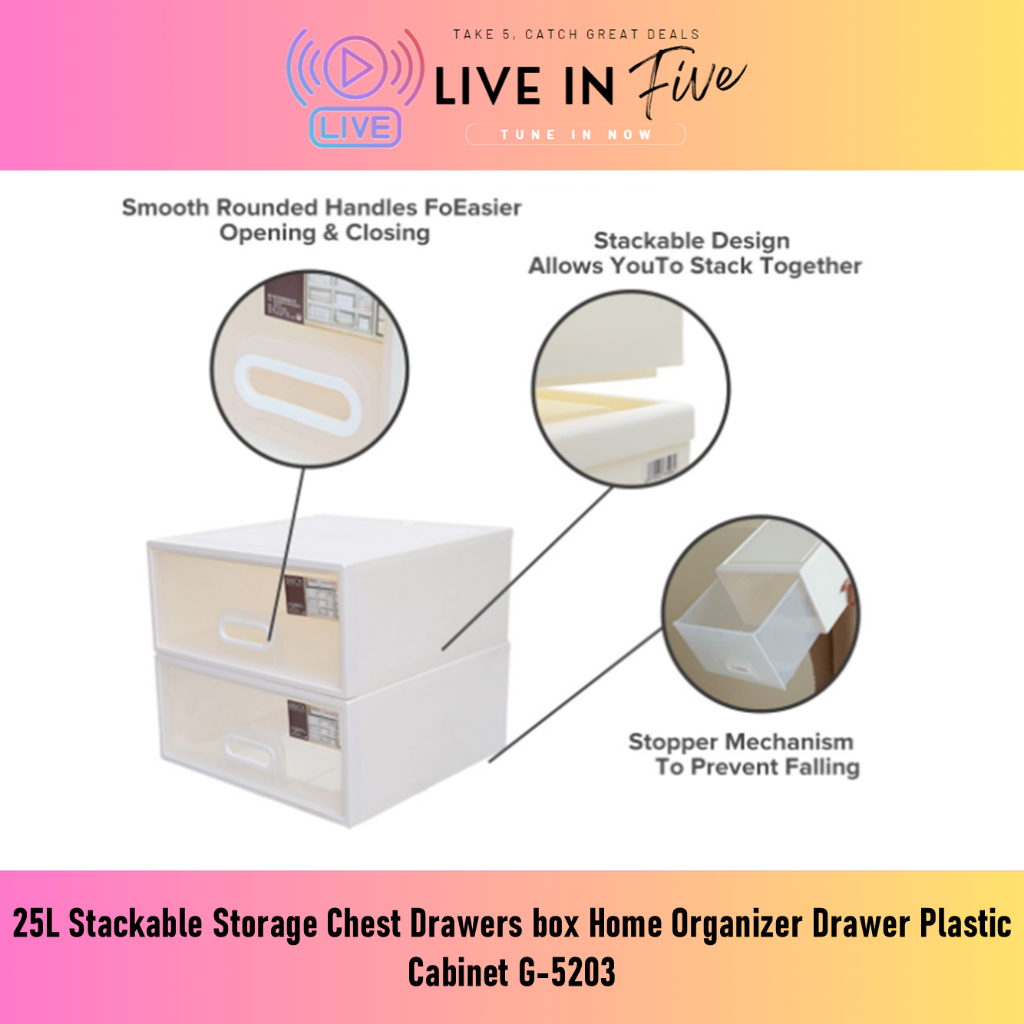 25L Stackable Storage Chest Drawers box Home Organizer Drawer Plastic ...
