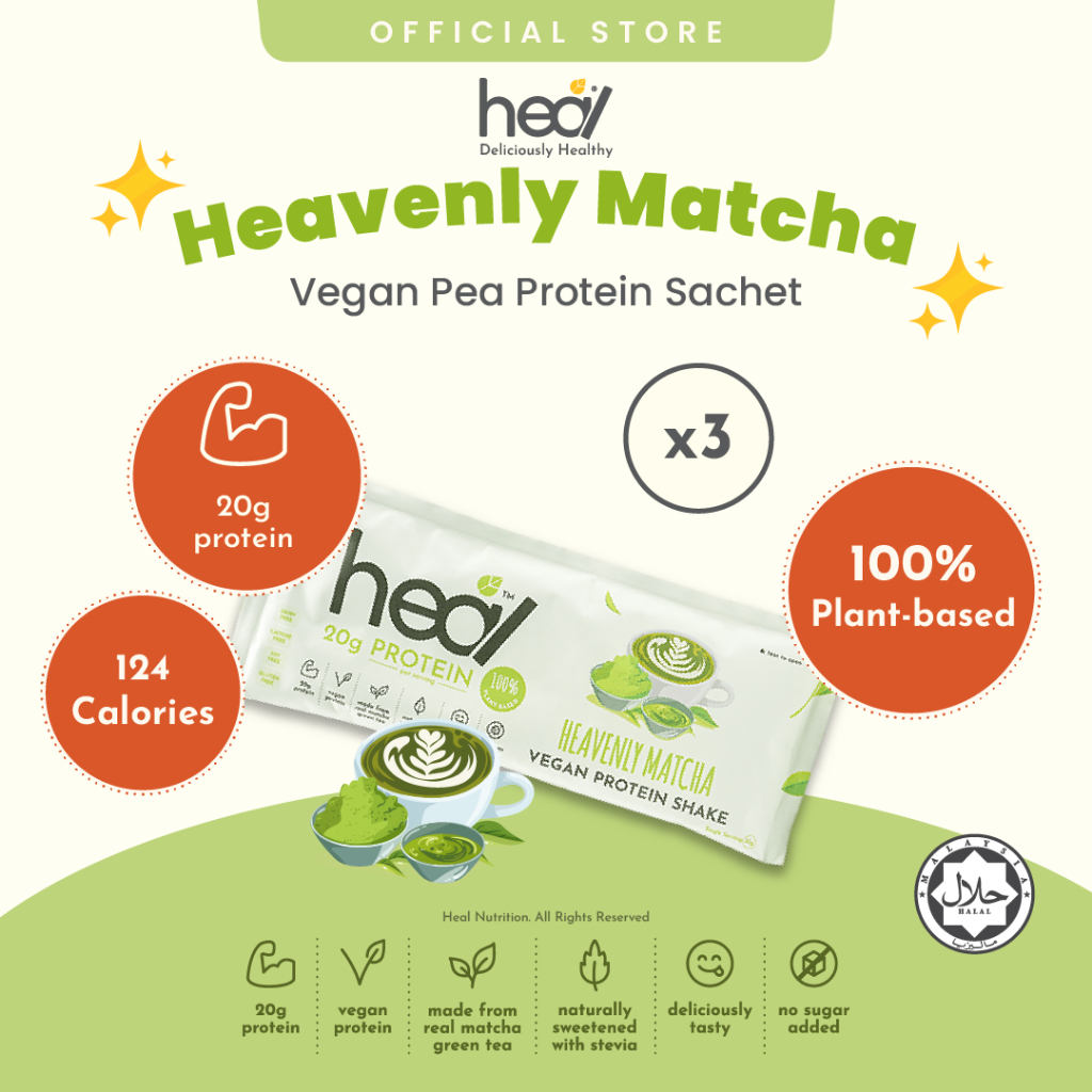 Heal Heavenly Matcha Protein Shake Powder Bundle of 3 Sachets - Vegan ...