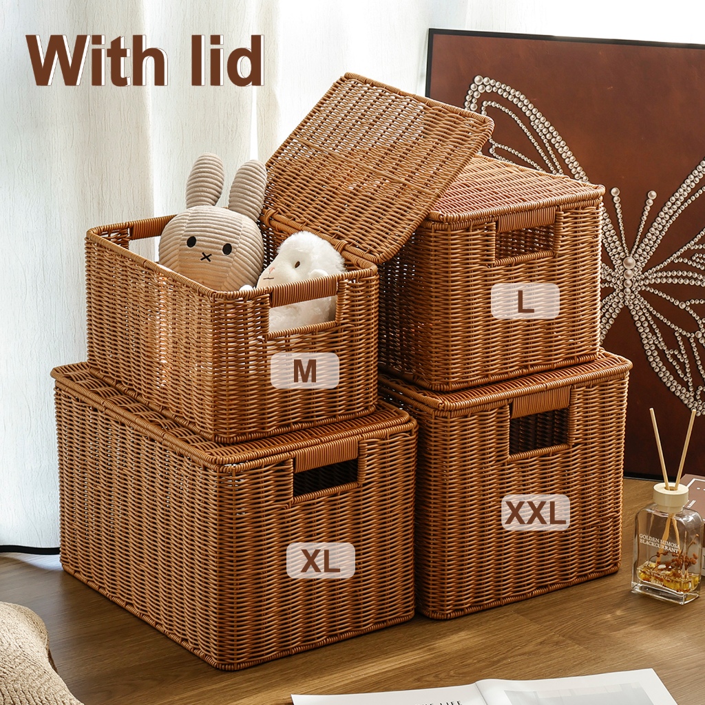 E MEIJIA XXL Rattan Basket with Lid Hand-Woven Wicker Storage Box ...