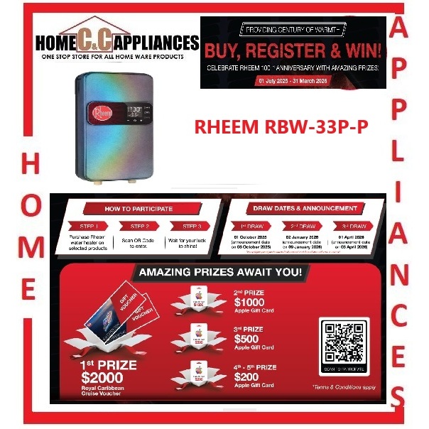 RHEEM ROYAL RBW-33P-P INSTANT HEATER WITH RAIN SHOWER With Rainbow ...