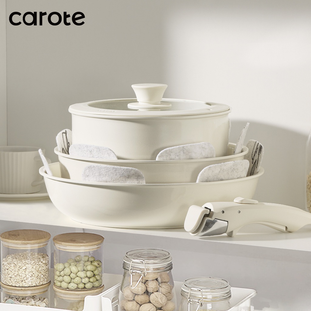CAROTE Cream Colour detachable Pots and Pans set 7pcs removable handle ...