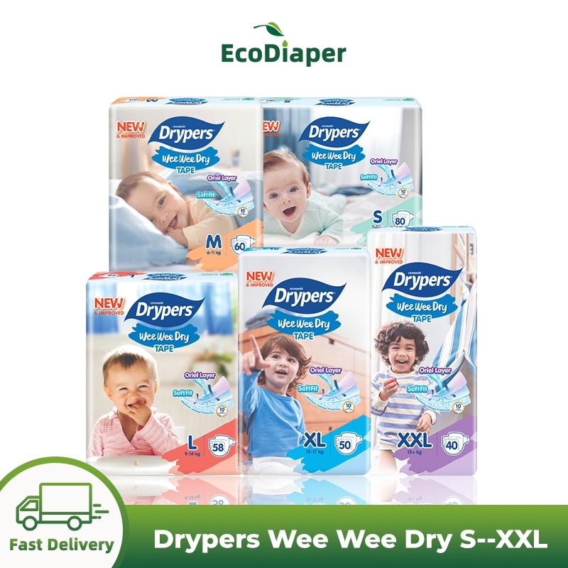 Drypers Wee Wee Dry Taped Baby Soft Diapers S/M/L/XL/XXL 4 Packs ...