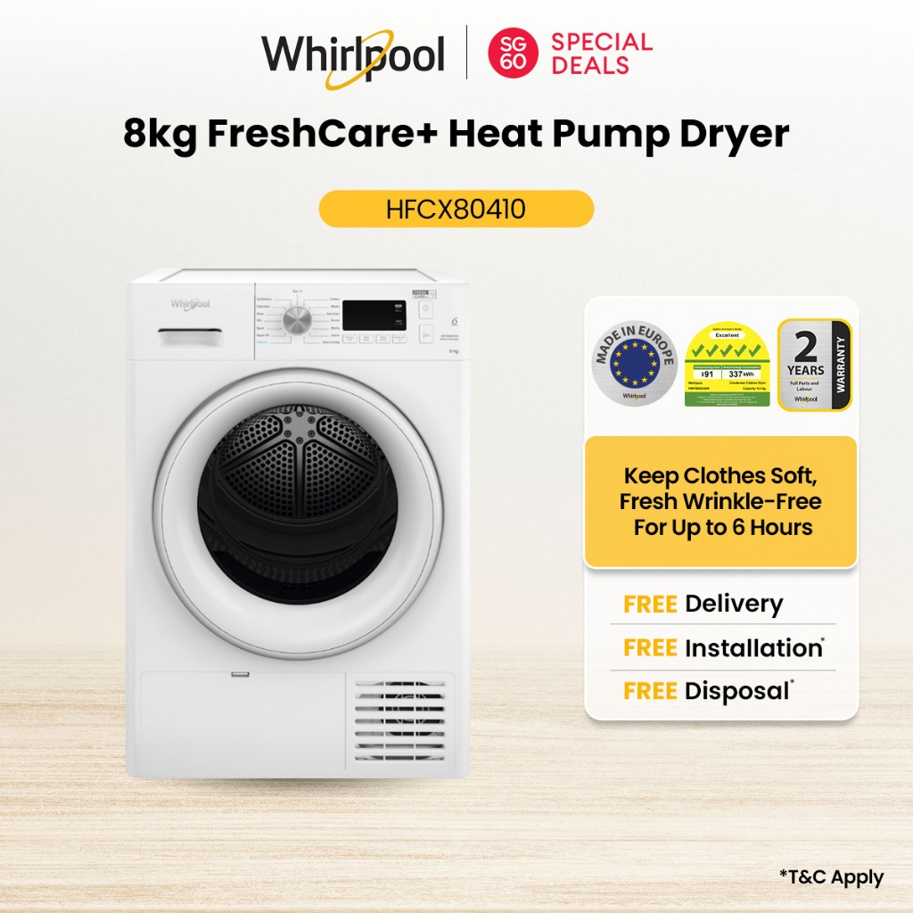 Whirlpool HFCX80410 Freshcare+ 8kg Heat Pump Dryer with 2 Years Warranty | Shopee Singapore