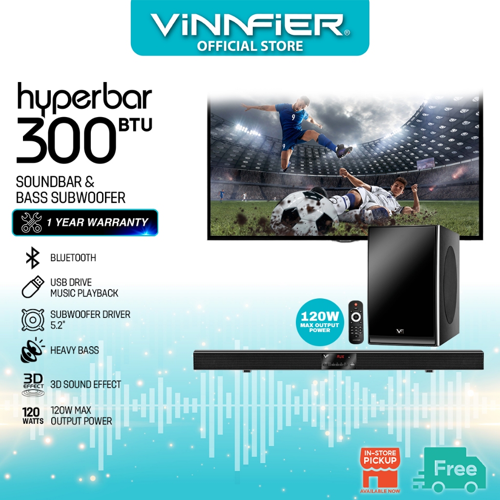 VINNFIER HYPERBAR 300 BTU Soundbar with Subwoofer with 3D Effect, Max120W, Heavy Bass, Bluetooth ...