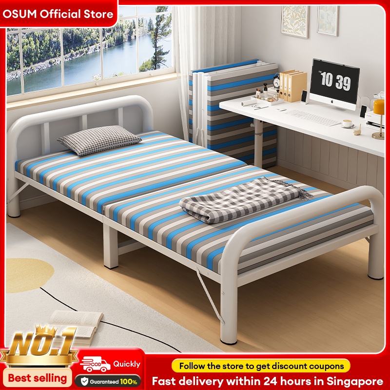 OSUM Blue Stripe Folding Bed Frame Single Portable Bed Office Bedroom ...