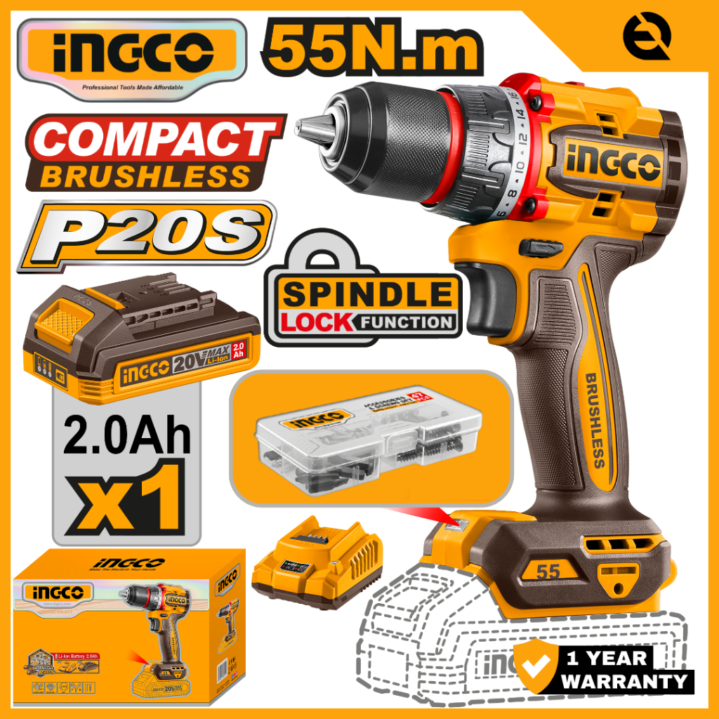 INGCO 20V 55NM CORDLESS DRILL | COMPACT BRUSHLESS MOTOR | CDLI205582 CDLI205581 | Shopee Singapore