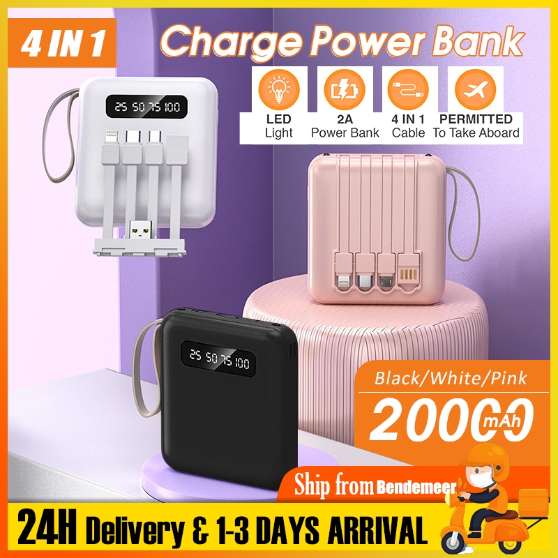 [SG SELLER] 20000mAh Mini Power bank 4 in1 DETACHABLE Cables Portable ...