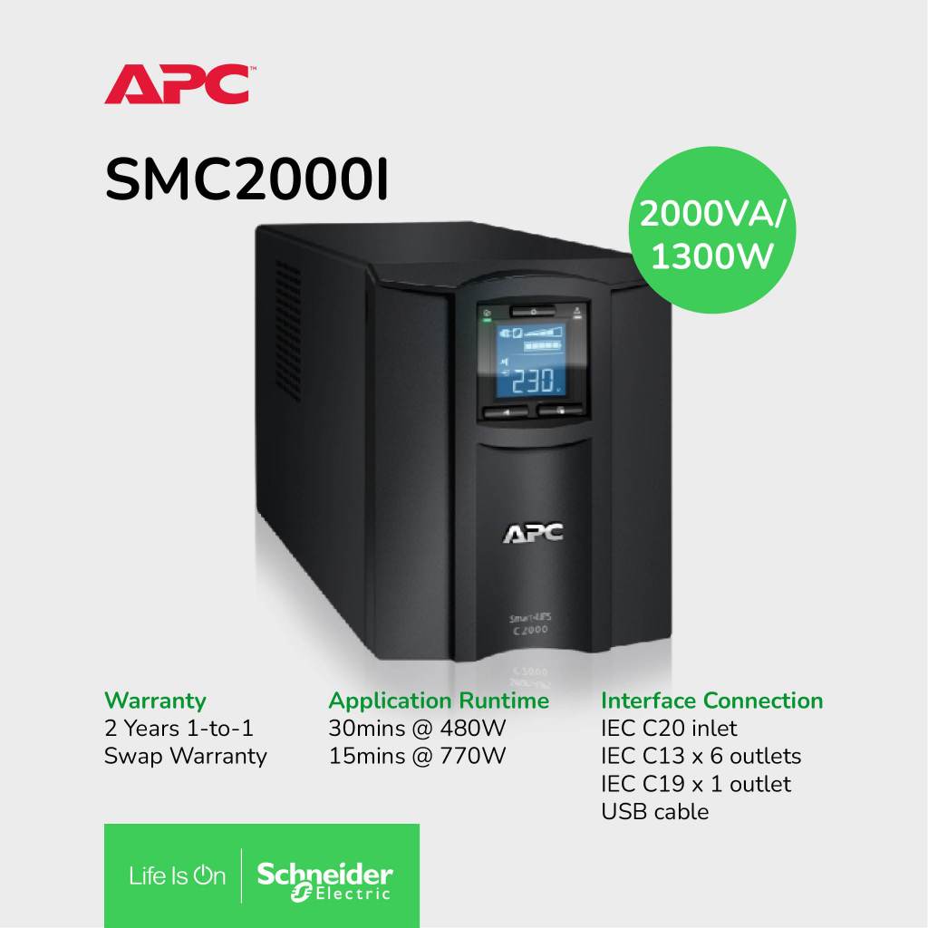 APC Smart-UPS 2000VA, Tower, LCD 230V with SmartConnect Port, SMC2000I | Shopee Singapore