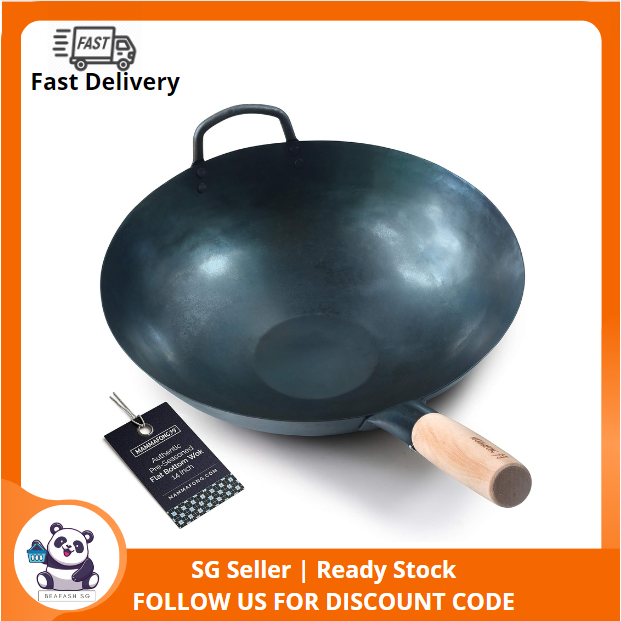 Pre Seasoned Blue Carbon Steel Flat Bottom Wok -14 Inch Chinese Pow Wok ...