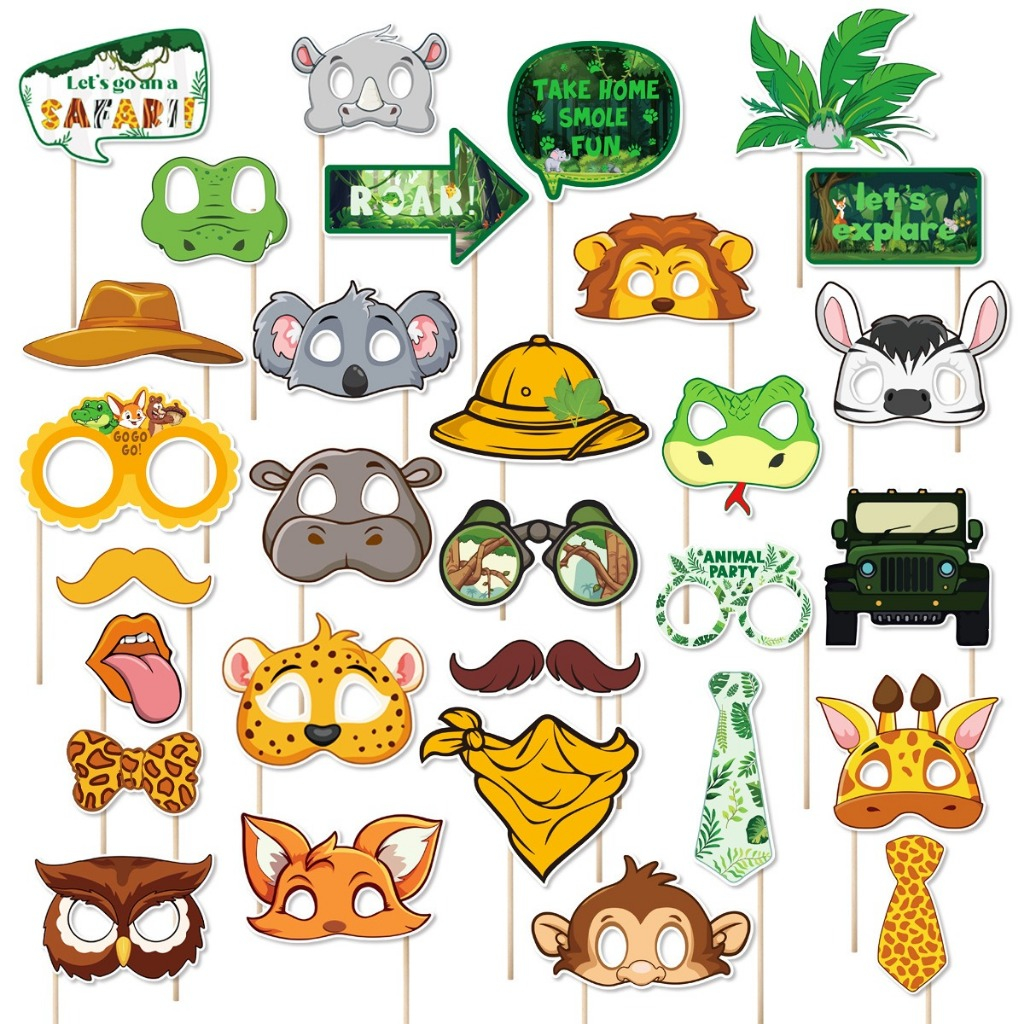 30pcs Jungle Safari Photo Booth Props, Wild Animals Selfie Props kit ...
