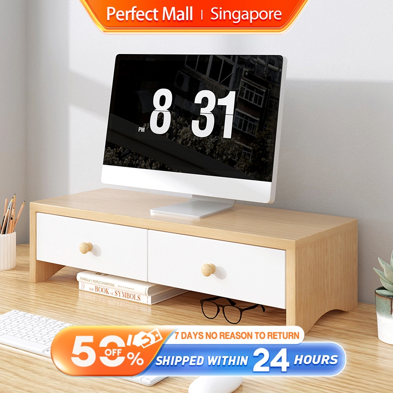 PM Computer Monitor Stand With Drawer Ergonomic Wooden Desktop Monitor ...