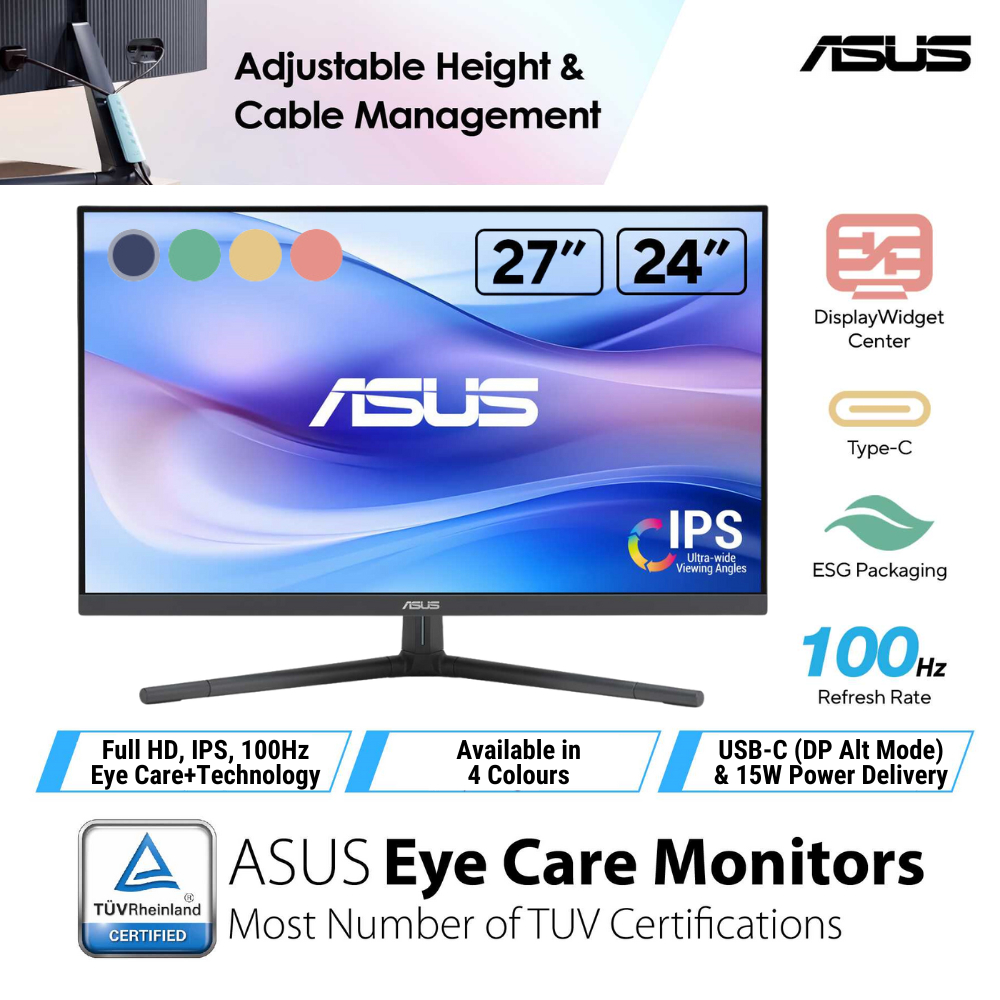ASUS VU249CFE VU279CFE Eye Care Gaming Monitor - 24" / 27", Full HD, IPS, 100Hz, Adaptive-Sync ...