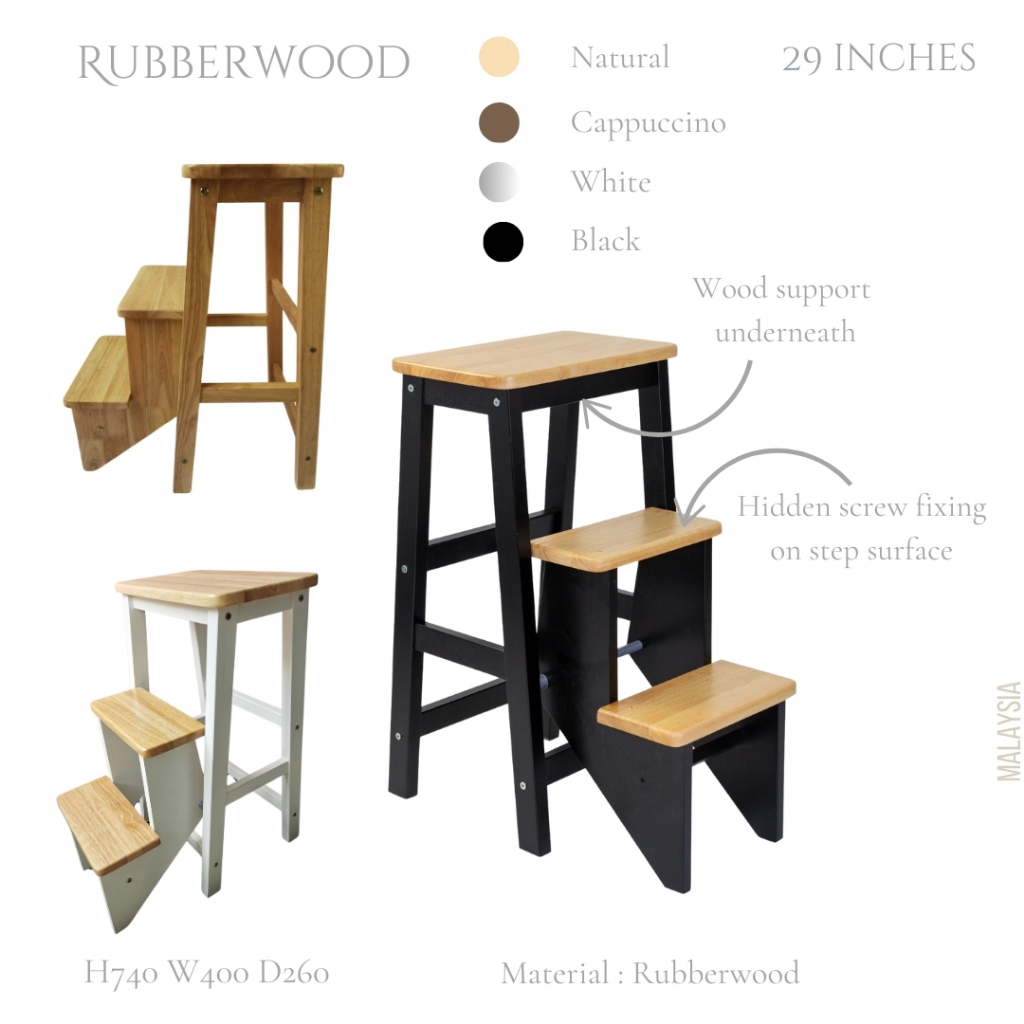 3 Step Solid Rubberwood Ladder, Foldable Ladder Stool, Step Stool ...