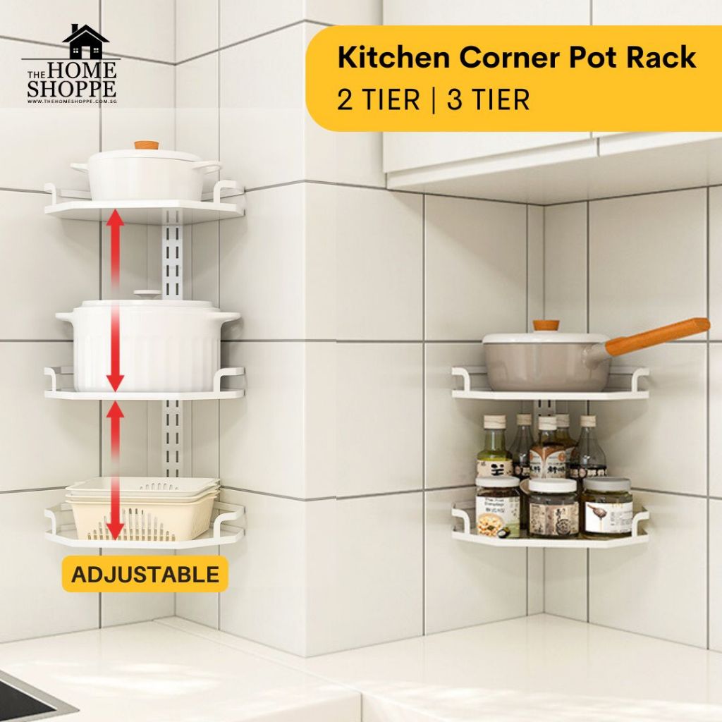 CornerFlex Kitchen Adjustable Pot Rack 2 Tier 3 Tier Wall Corner ...