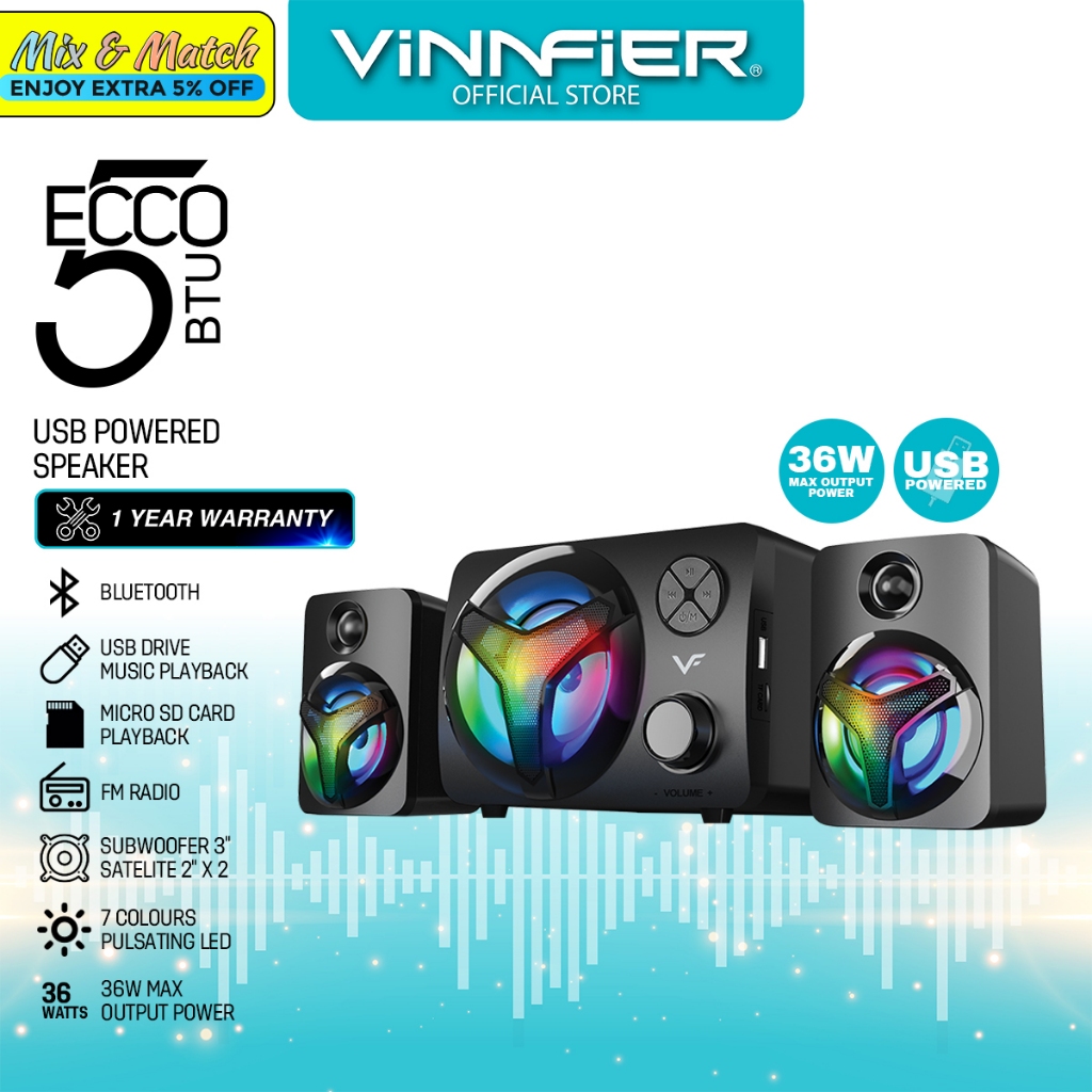 Vinnfier VF ECCO 5 BTU 2023 Version Bluetooth Speaker 2.1 USB Power LED ...