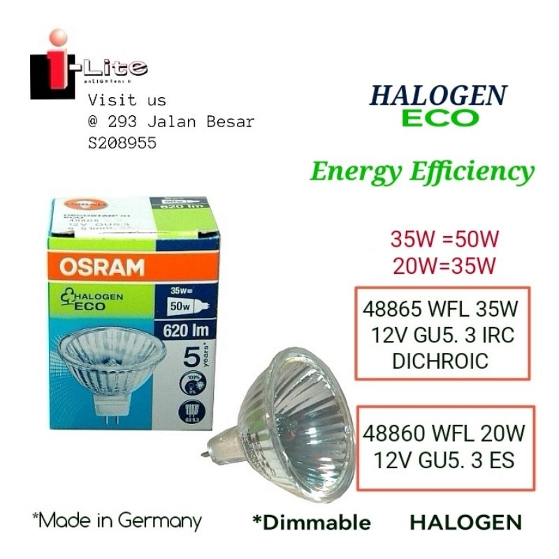 HALOGEN BULB MR16 OSRAM ECO 35W =50W/20W=35W MR16 12V GU5.3 24°/36°DIM ...